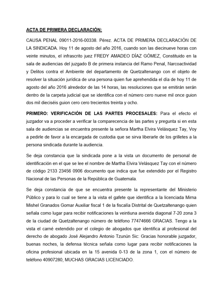 Acta de Primera Declaración | PDF | Procedimiento Criminal | Derecho penal