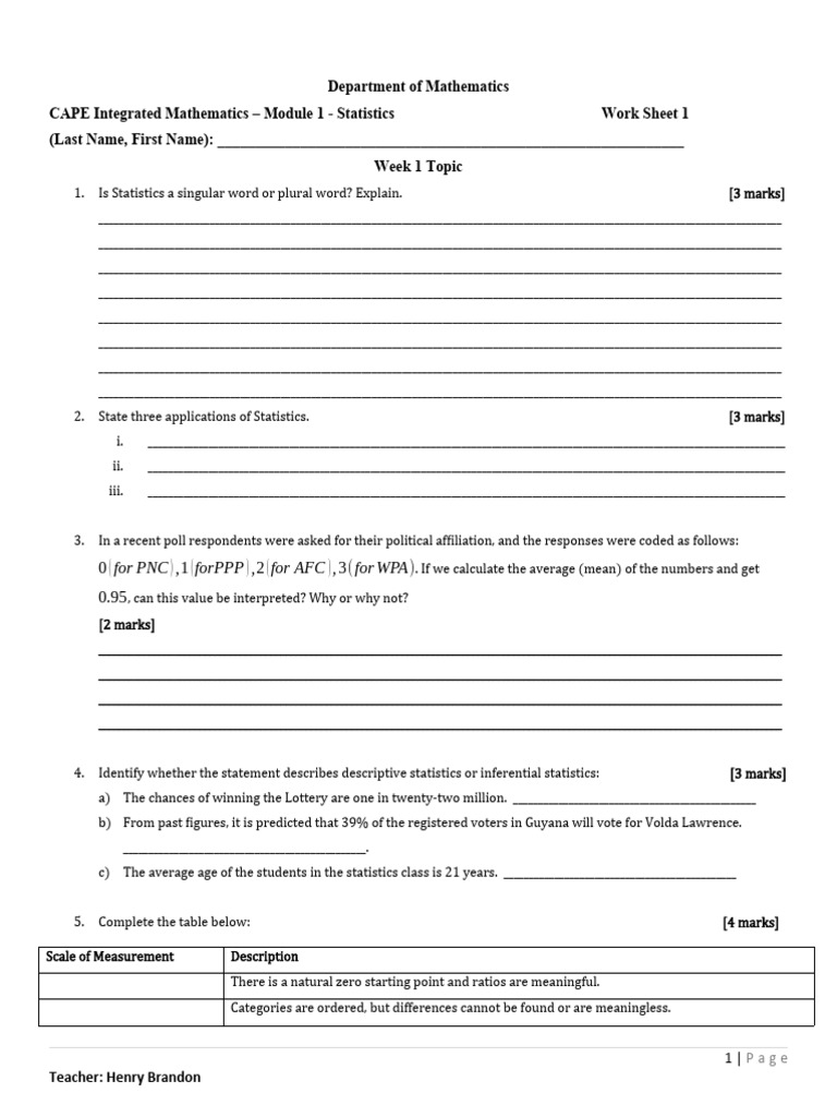 CAPE IM-M2-Worksheet 1 | PDF