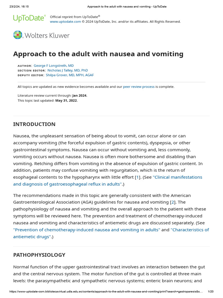 Approach To The Adult With Nausea and Vomiting - UpToDate | PDF ...