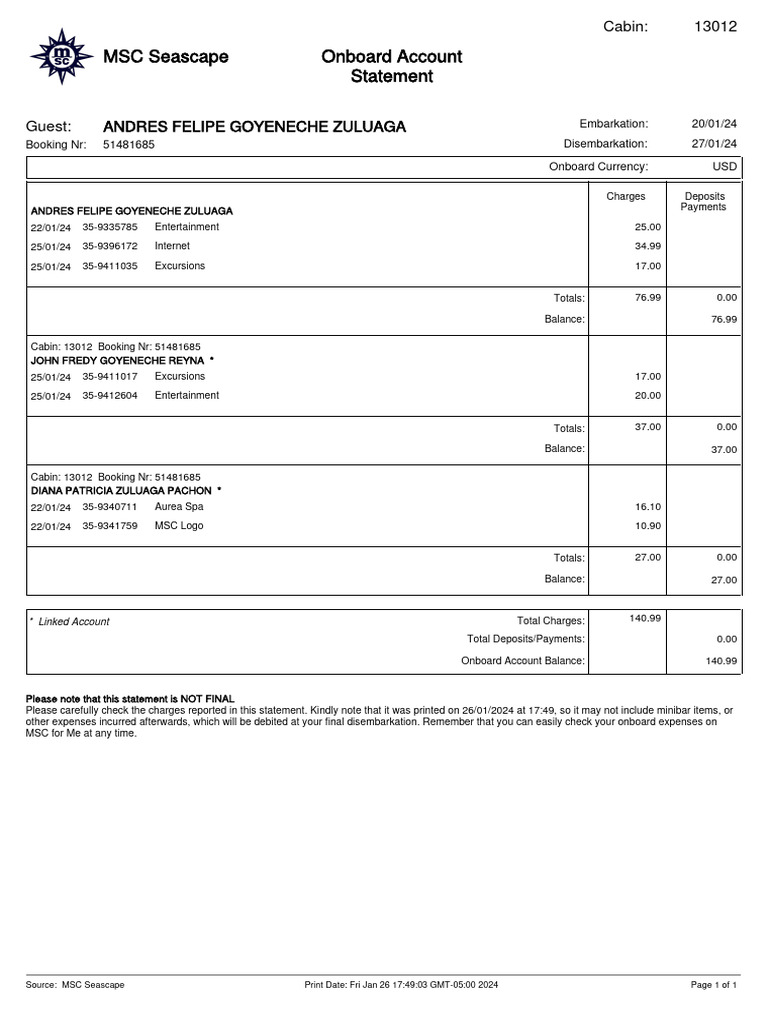 MSC Onboard Account Statement | PDF | Personal Finance | Economies