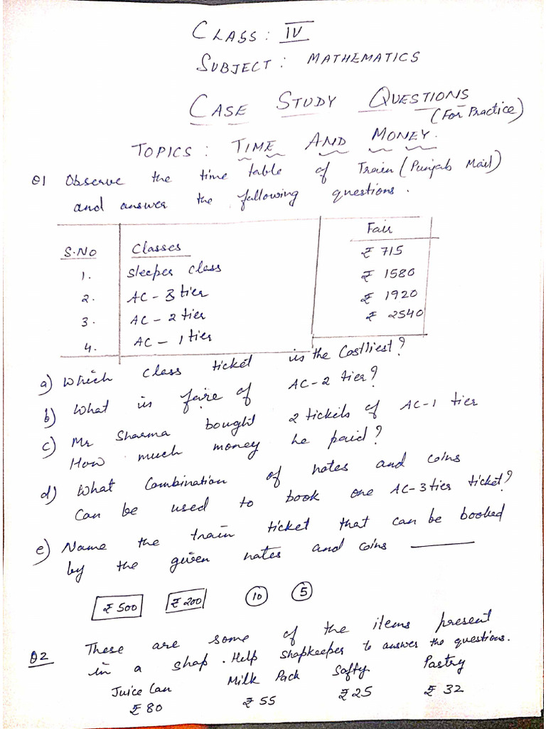 Class 4th Practice Questions of Case Study | PDF