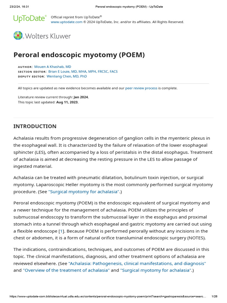 Peroral Endoscopic Myotomy (POEM) - UpToDate | PDF