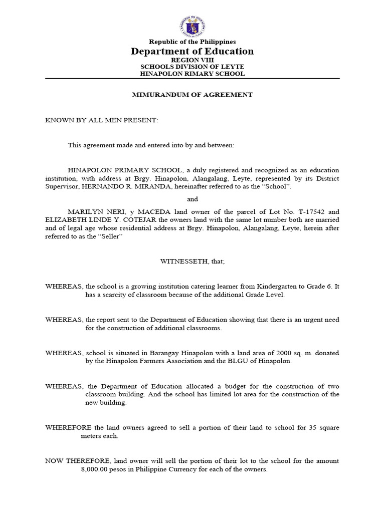 Memorandum of Agreement - Selling Lot To School | PDF