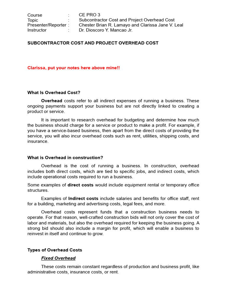 Ying Notes Subcontractor Cost and Project Overhead Cost 1 | PDF