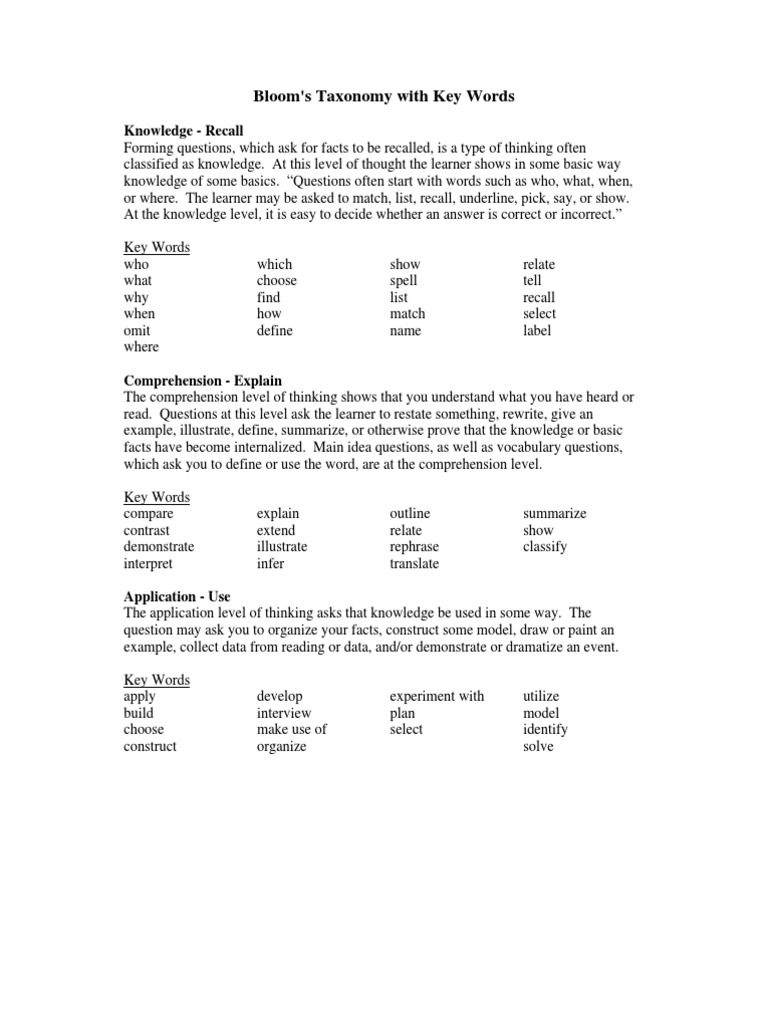 Bloom Key Words | PDF | Reading Comprehension | Evaluation