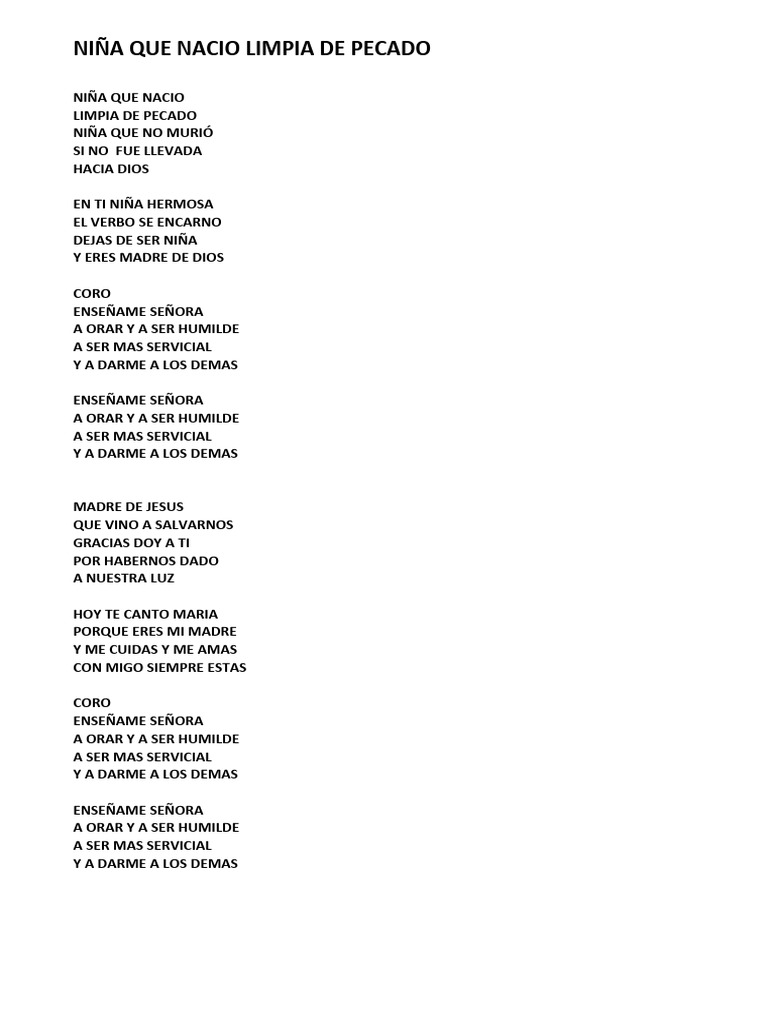 Niña Que Nacio Limpia de Pecado Letra 2 | PDF