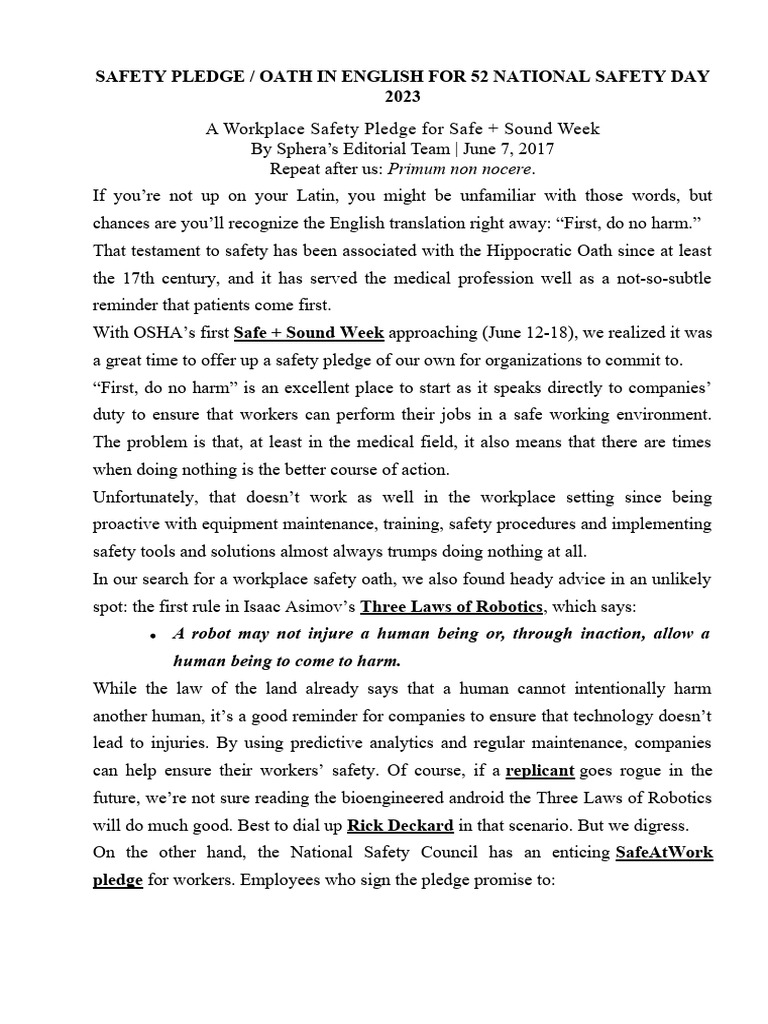 Safety Pledge | PDF | Occupational Safety And Health | Safety