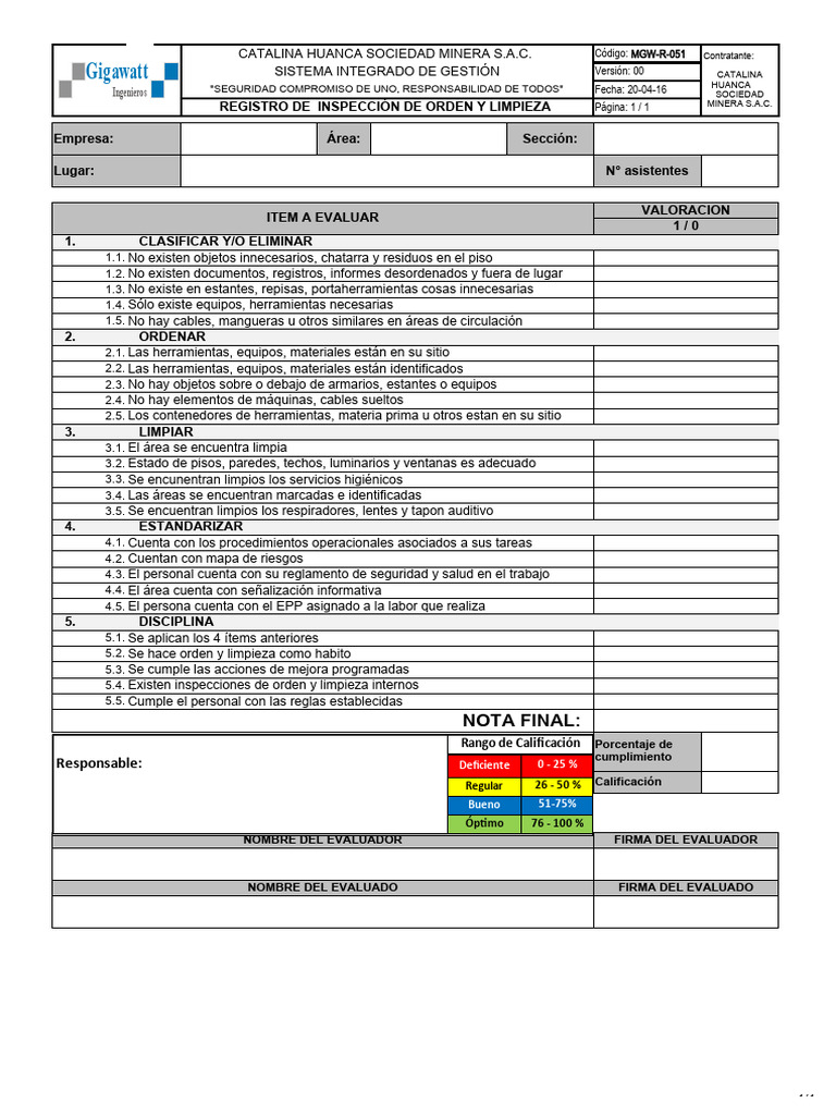 Formato Inspección de Orden y Limpieza | PDF