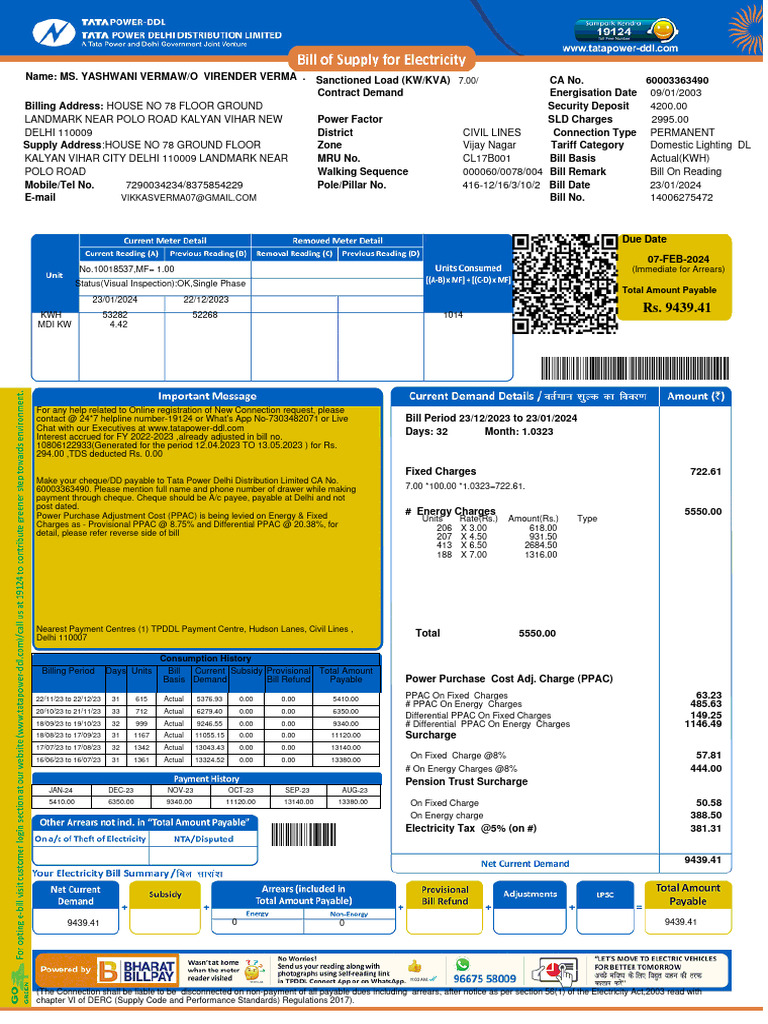 Electricity Bill - TPDDL - Feb 2024 | PDF | Cheque | Fee