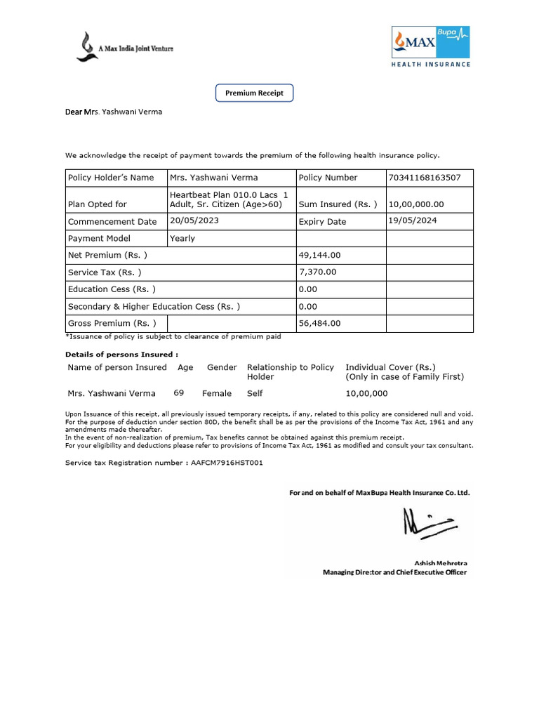 Mediclaim Receipt - Yashwani Verma - Senior Citizenn | PDF