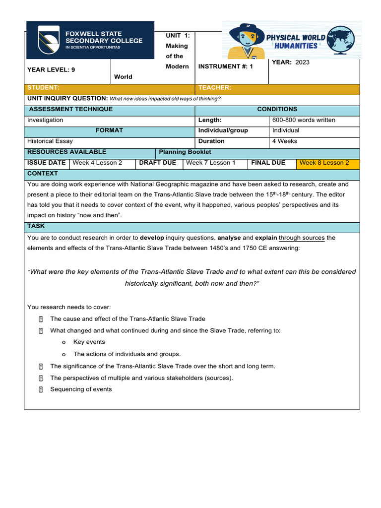 Year 9 History: Slave Trade Inquiry | PDF | Atlantic Slave Trade | Abolitionism