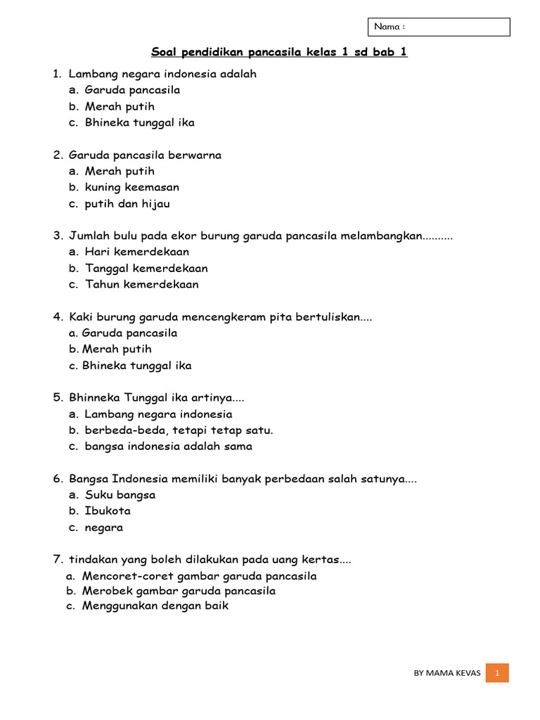Soal Pancasila Kelas 1 Bab 1 SD | PDF | Griya & Taman