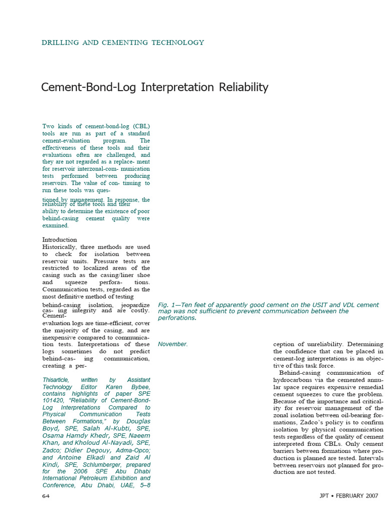 Vdocument - in - Cement Bond Log Interpretation Reliabilityjpt 2007 ...