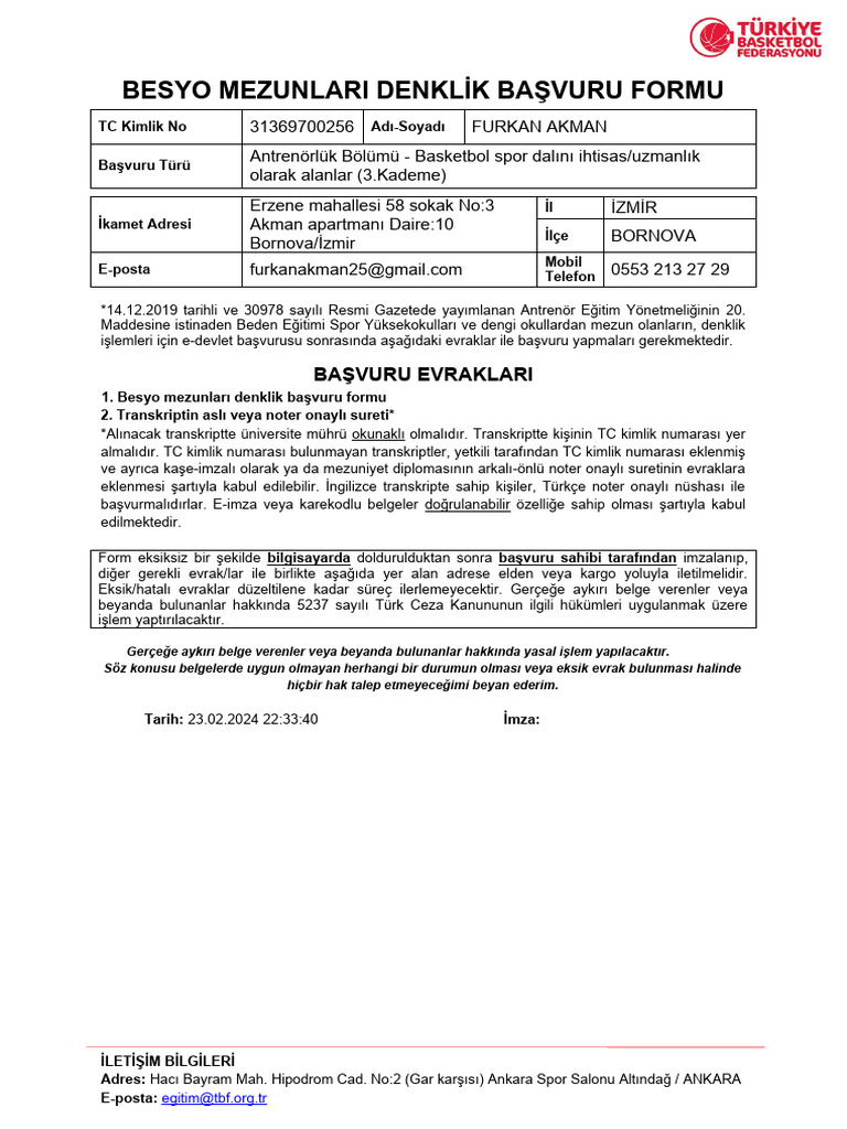 BESYO Mezunları Denklik Başvuru Formu | PDF