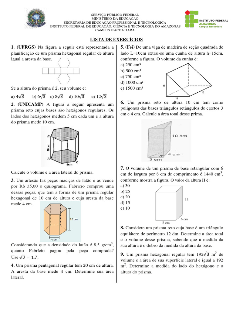 Exercícios - Prisma | PDF | Polígono | Metro