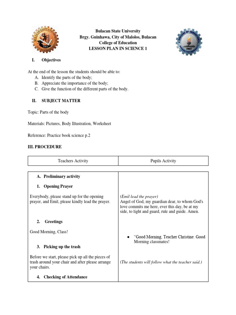 Grade 1 Science: Body Parts Lesson Plan | PDF | Human Anatomy