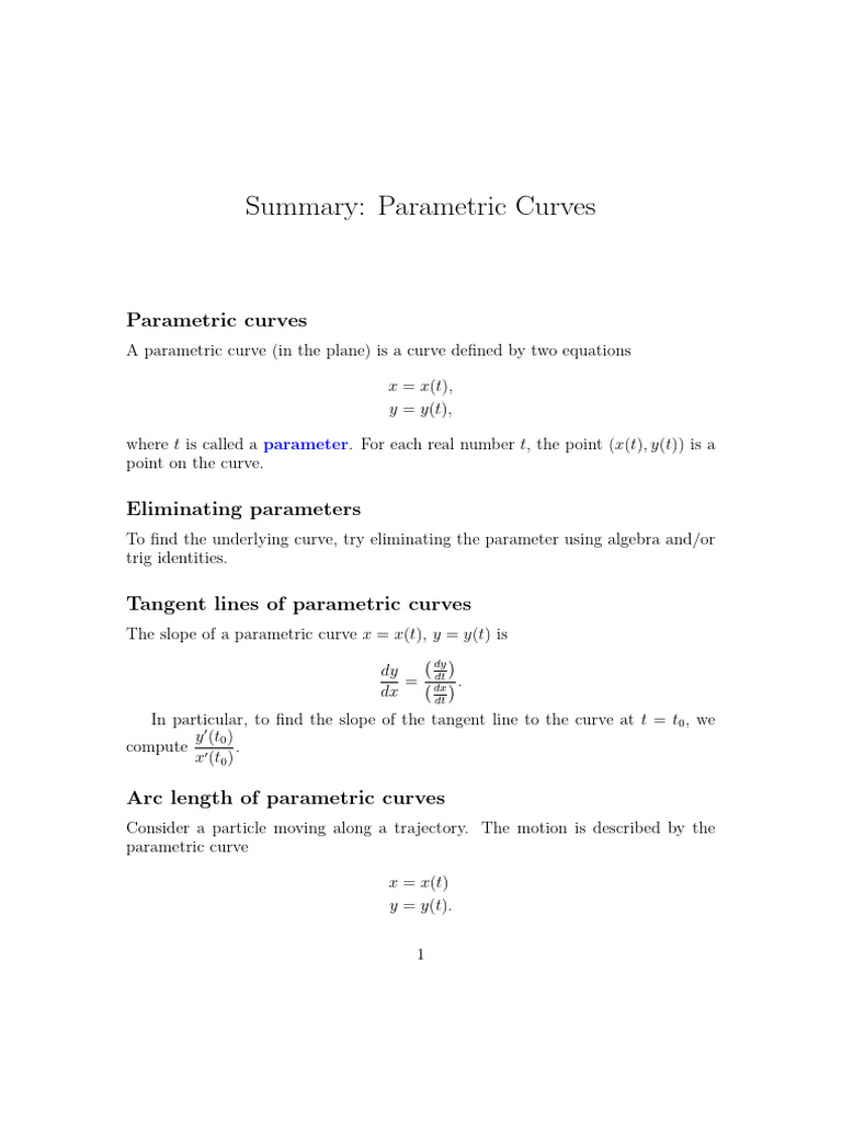 Param Summary | PDF | Curve | Tangent