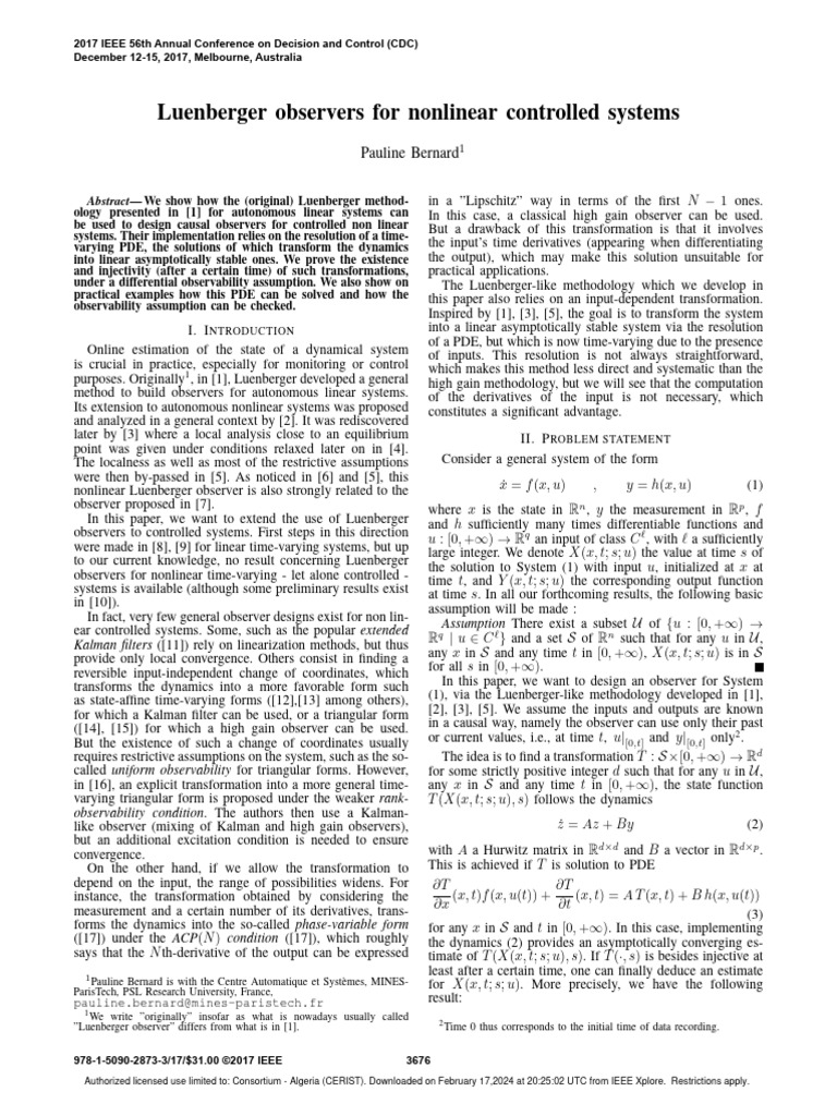 Luenberger Observers For Nonlinear Controlled Systems Pdf Nonlinear System Kalman Filter