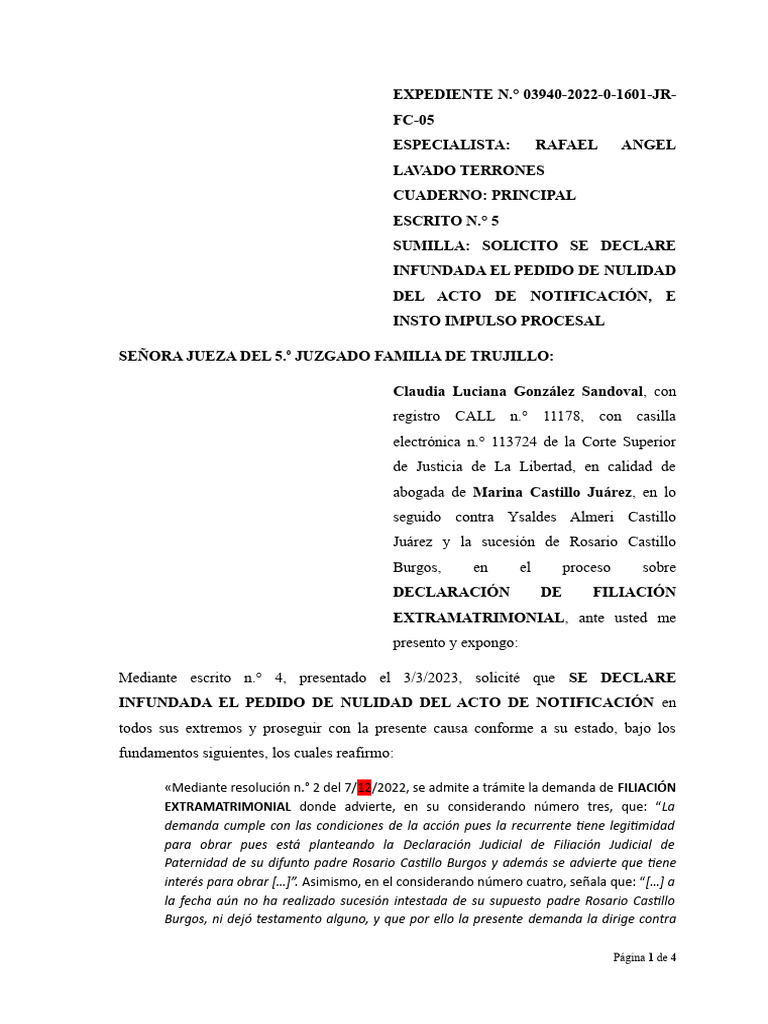 Escrito N.° 5, Solicito Se Declare Infundada El Pedido de Nulidad Del Acto de Notificación, e ...