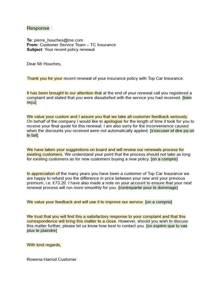 TC Insurance Policy Renewal Response | PDF | Franchising | Retail