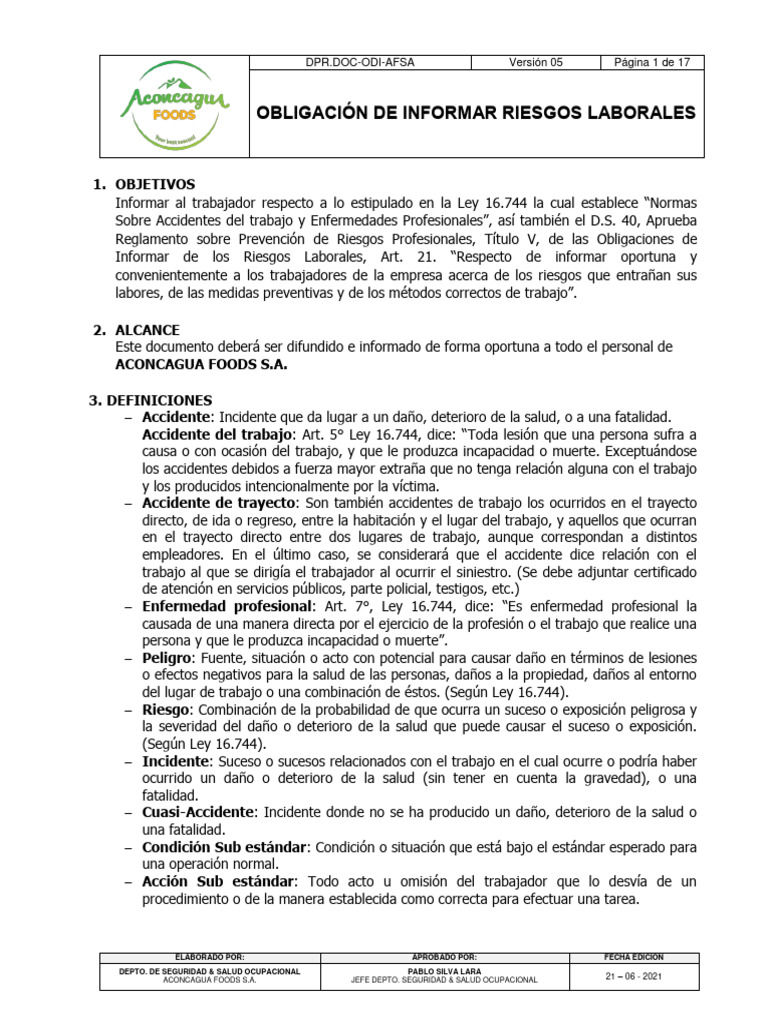 1 - DPR - doc.ODI - Afsa.v05 - Obligación de Informar Riesgos Laborales AFSA... | PDF ...