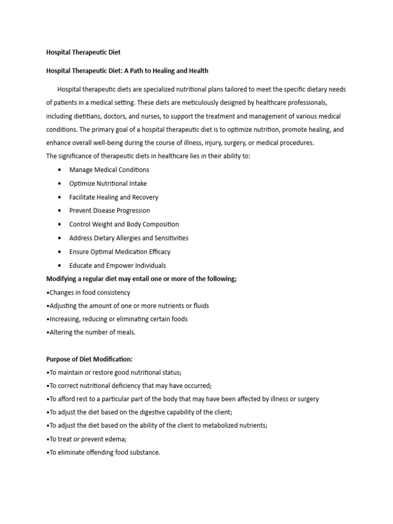 Hospital Therapeutic Diet Module | PDF | Dieting | Diet & Nutrition