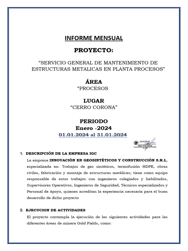Informe de Procesos - Mantenimiento de Estructuras Enero 2024 | PDF