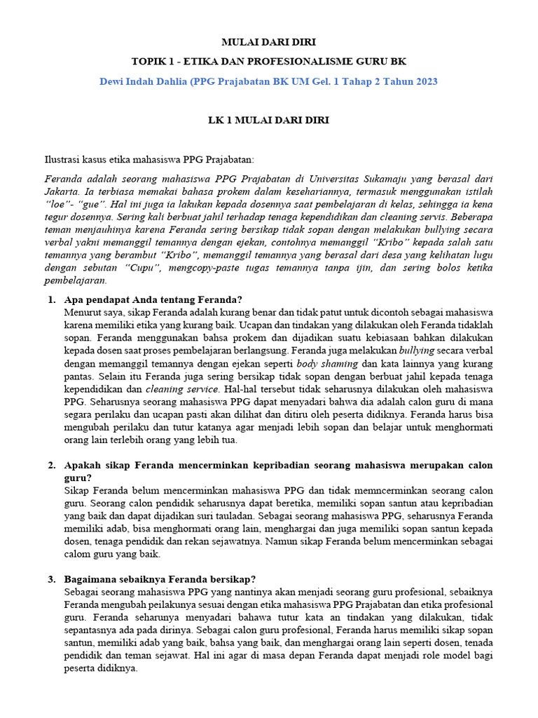 Etika Mahasiswa PPG: Kasus Feranda | PDF | Karier & Perkembangan | Seni ...