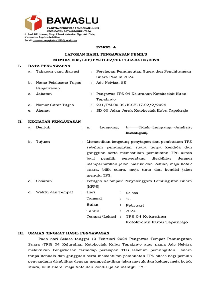 Form A Persiapan TPS 4 | PDF