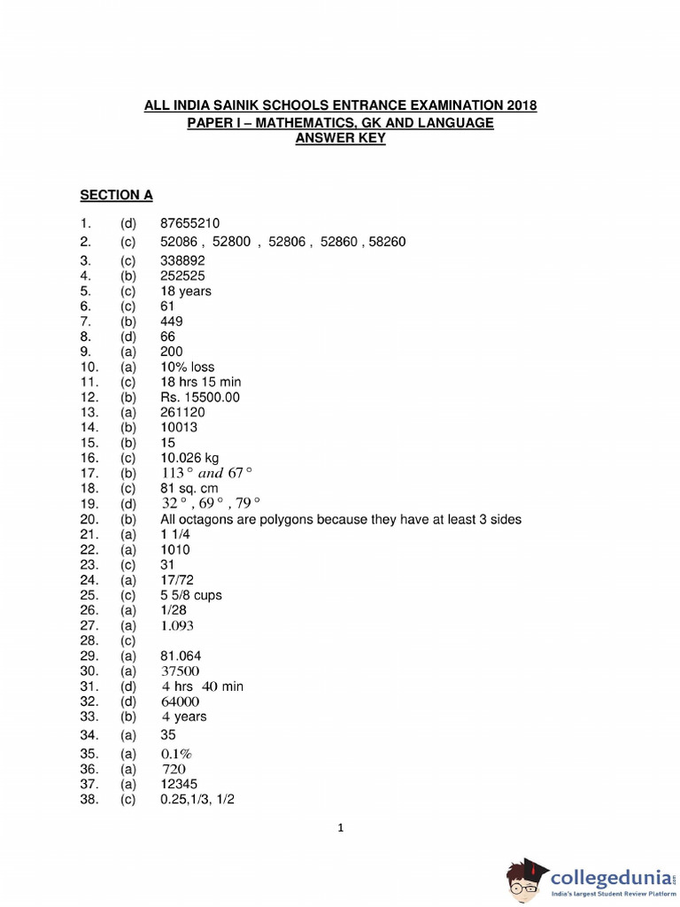 AISSEE 2018 Answer Key Class 6 Paper 1 | PDF
