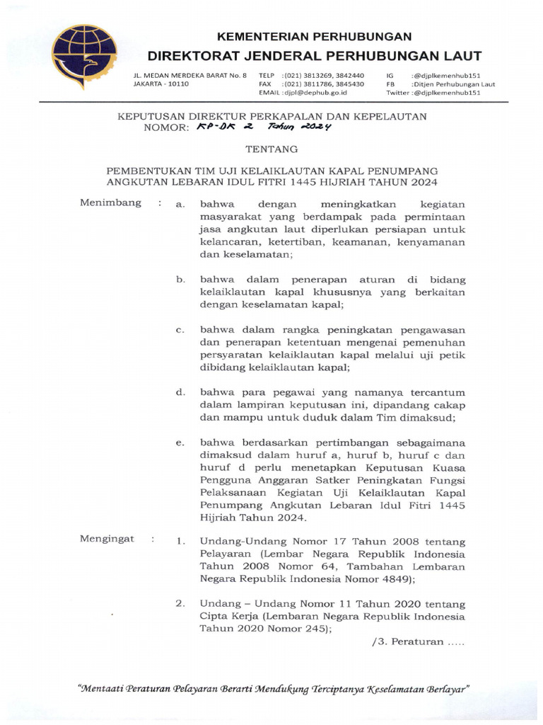 Keputusan Direktur Perkapalan Dan Kepelautan No. KP-DK 2 Tahun 2024 ...