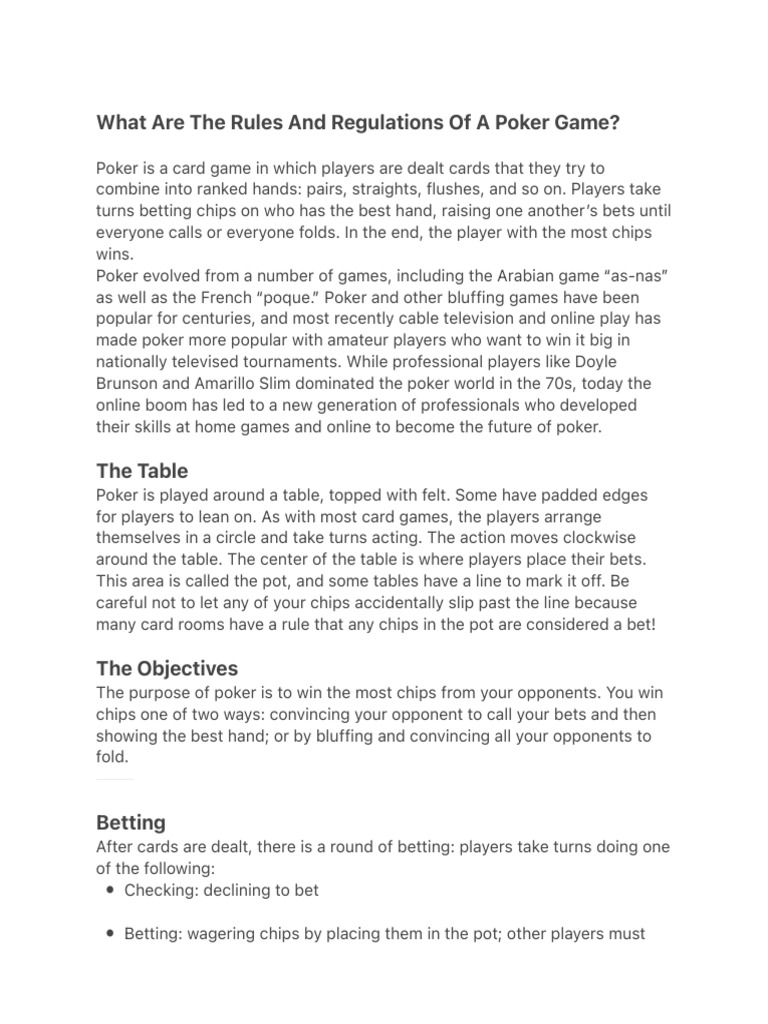 What Are The Rules and Regulations of A Poker Game? | PDF | Betting In ...