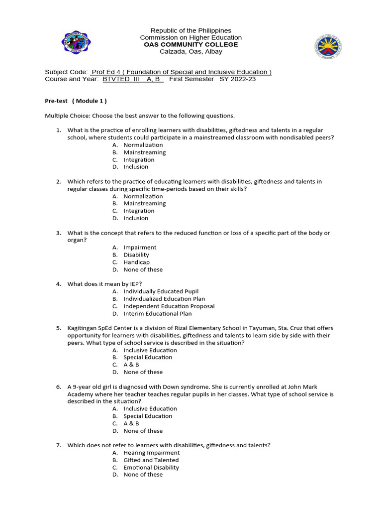 Pre Test Module 1 | Download Free PDF | Special Education | Disability
