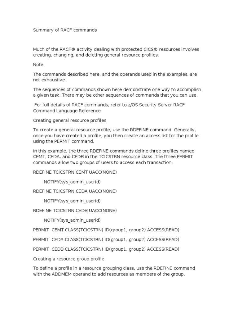 Summary of RACF Commands | PDF | System Software | Computer Architecture