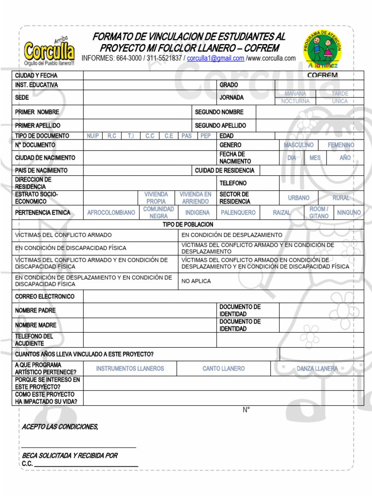 Formato de Vinculacion de Estudiantes Al Proyecto Mi Folclor Llanero ...