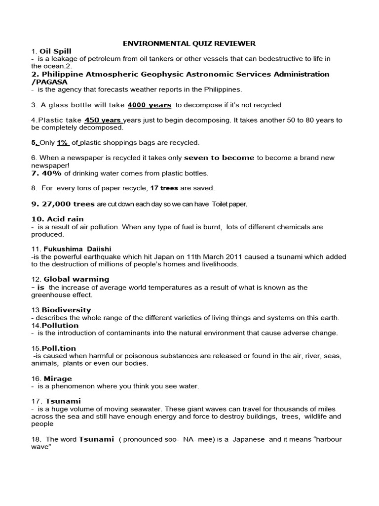 Environmental Quiz Reviewer | PDF | Volcano | Atmosphere Of Earth