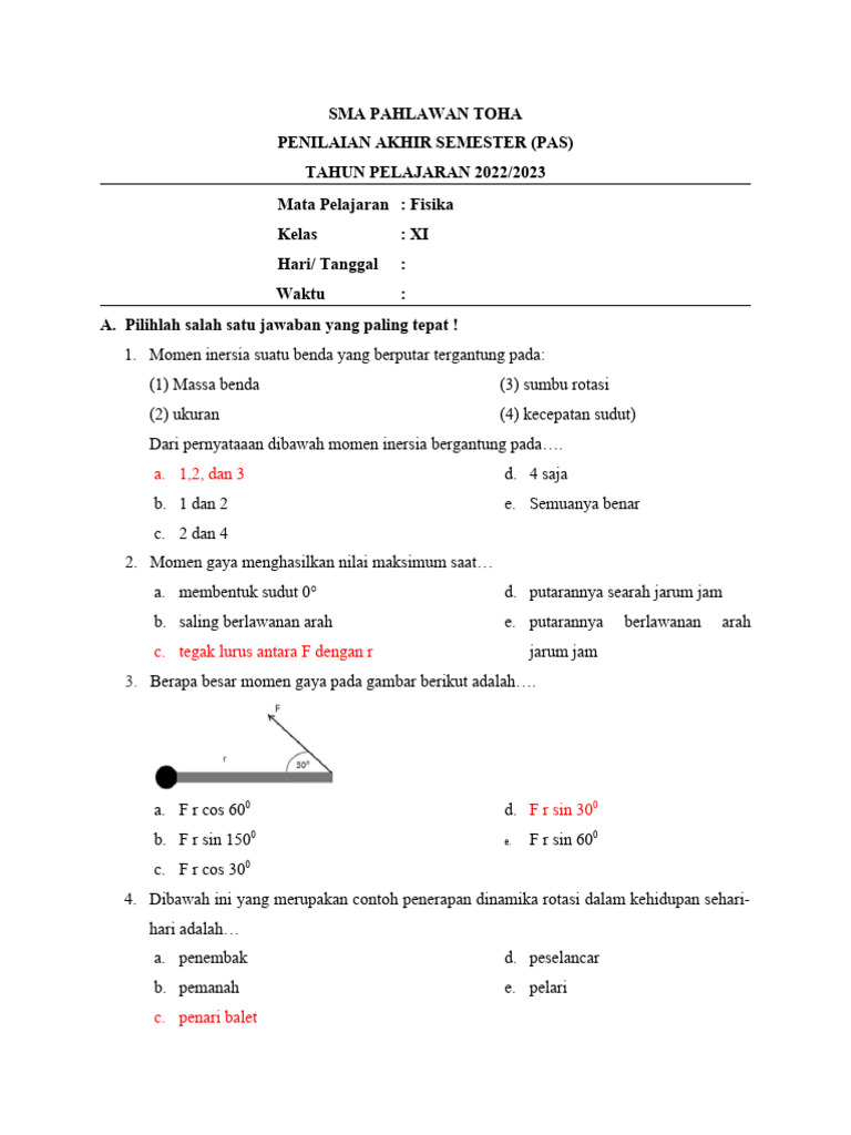 Soal PAS Fisika Kelas XI Semester Ganjil Tahun 2022 | PDF