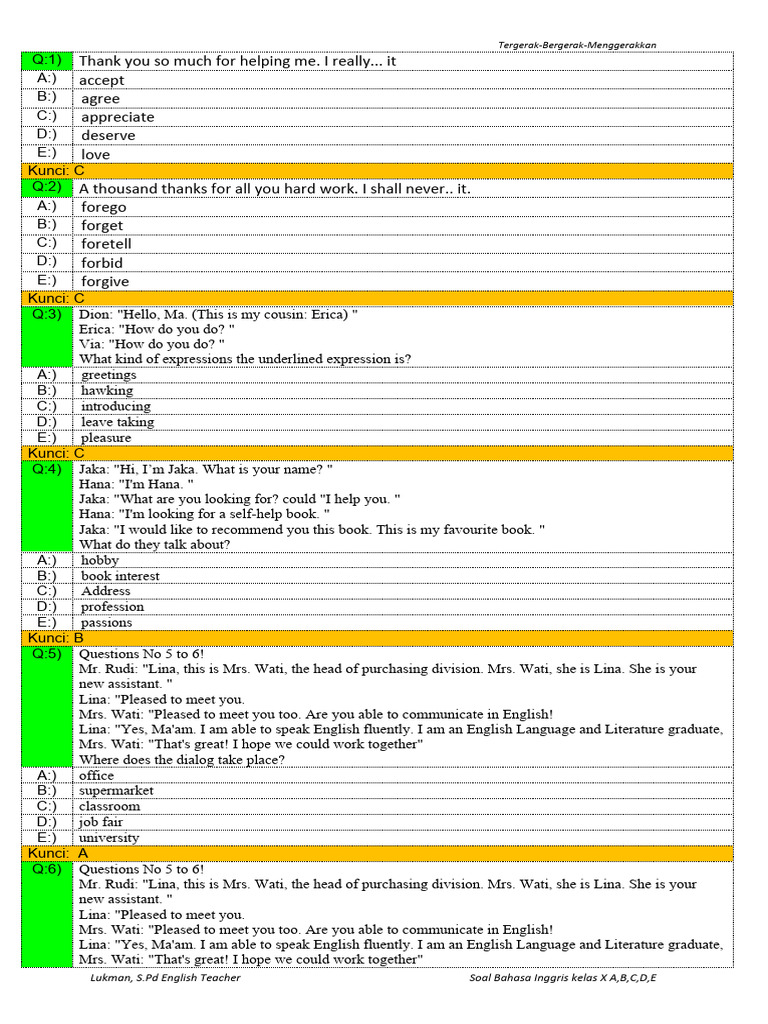 FORMAT SOAL Bahasa Inggris Kelas X | PDF