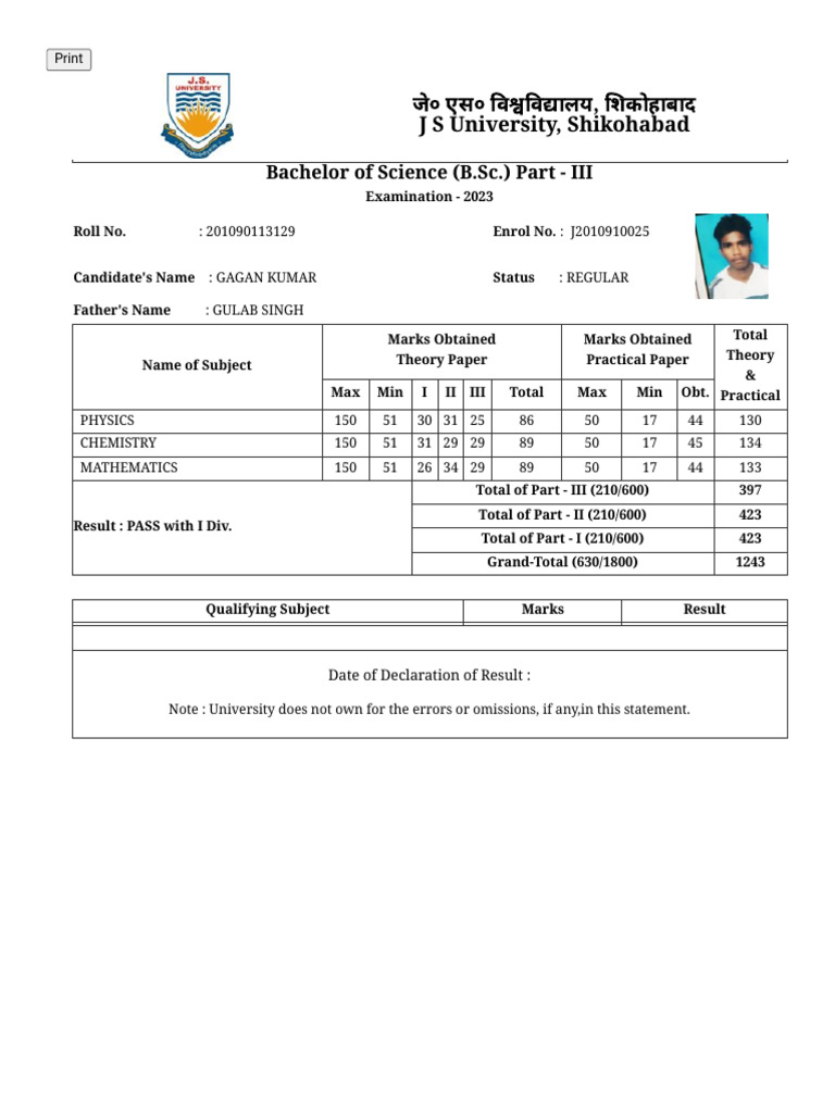 JS University B.Sc. Results 2023 | PDF