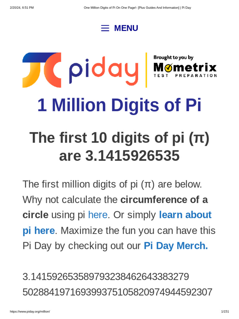 One Million Digits of Pi On One Page! - (Plus Guides and Information) - Pi Day | PDF | Pi ...