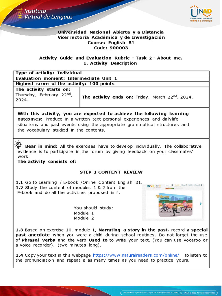 Activities Guide and Evaluation Rubric - Unit 1 - Task 2 - About Me ...