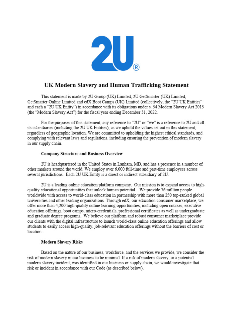UK Modern Slavery and Human Trafficking Statement 2023 | PDF ...