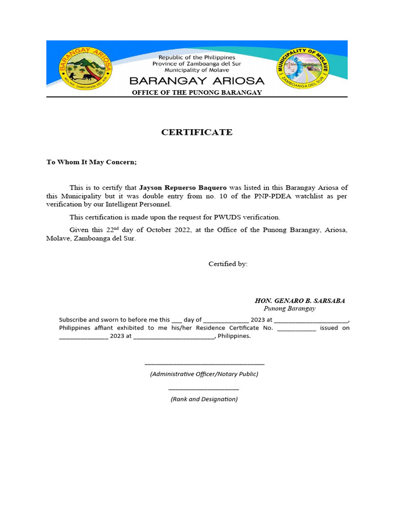 Barangay Certificate of Verification | PDF