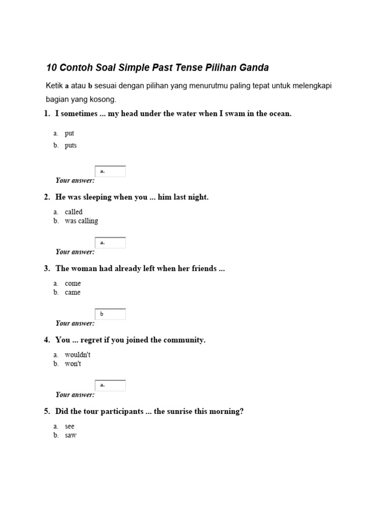 10 Contoh Soal Simple Past Tense Pilihan Ganda | PDF
