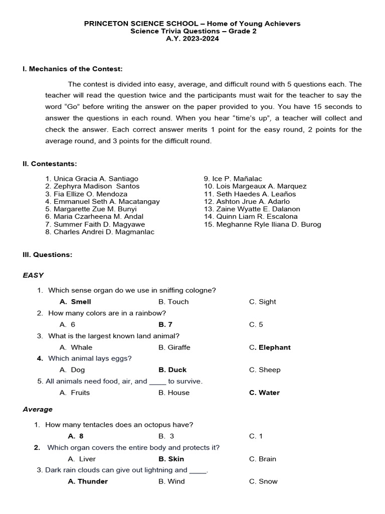 TRIVIA QUESTIONS - Grade 1 | PDF | Sky | Senses