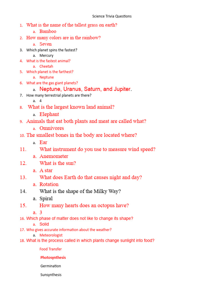 2nd Grade Science Trivia Questions | PDF