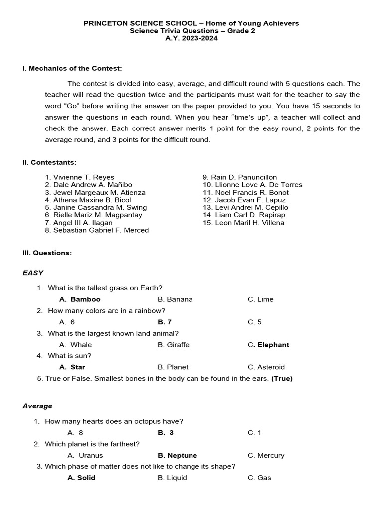 TRIVIA QUESTIONS - Grade 2 | PDF