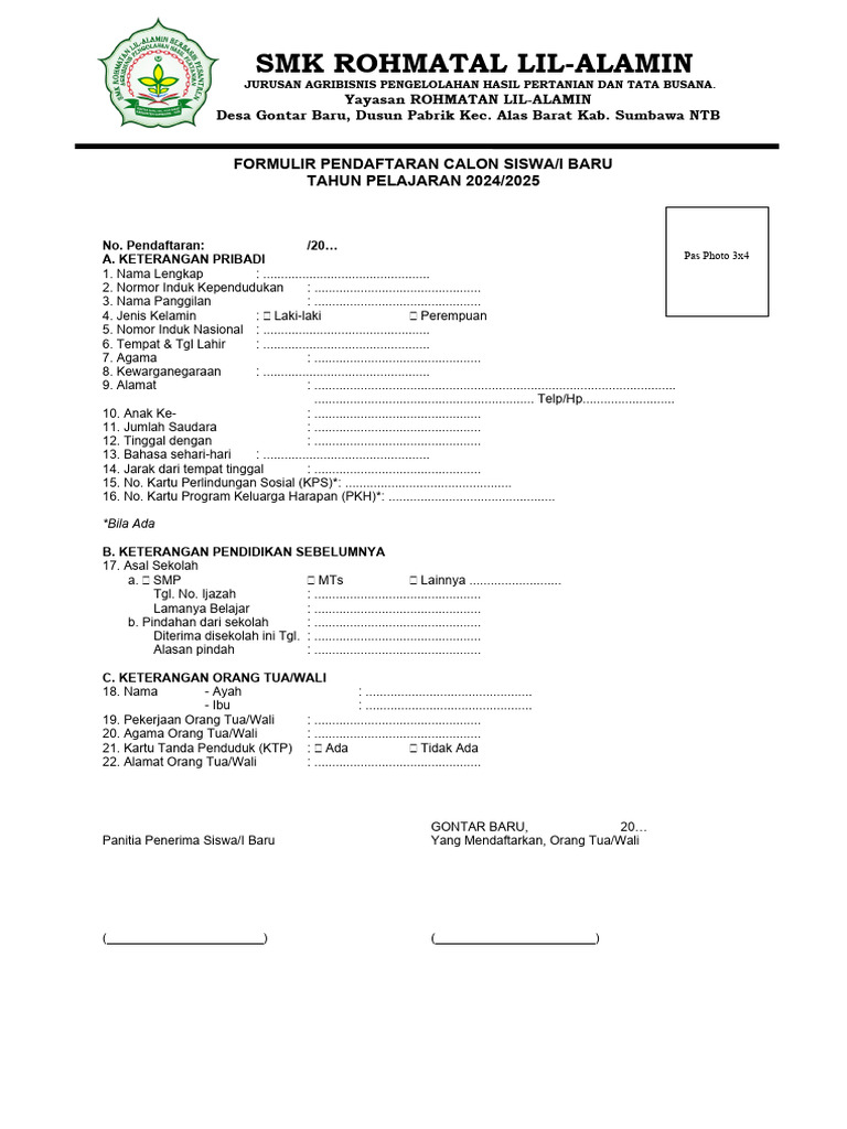 Formulir Pendaftaran Siswa Baru SMK | PDF