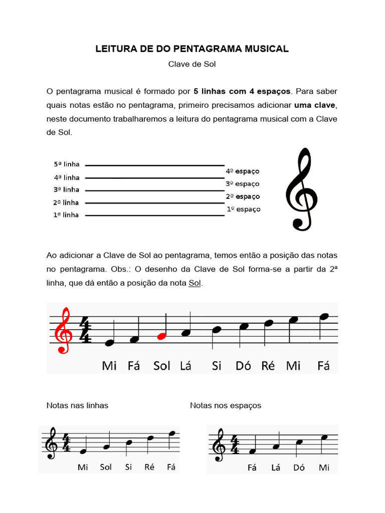 LEITURA DE DO PENTAGRAMA MUSICAL - Clave de Sol | PDF