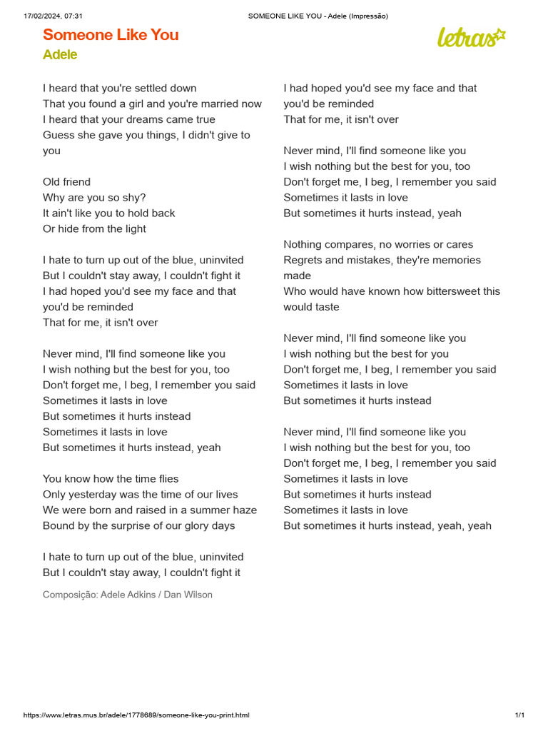 SOMEONE LIKE YOU - Adele (Impressão) | PDF